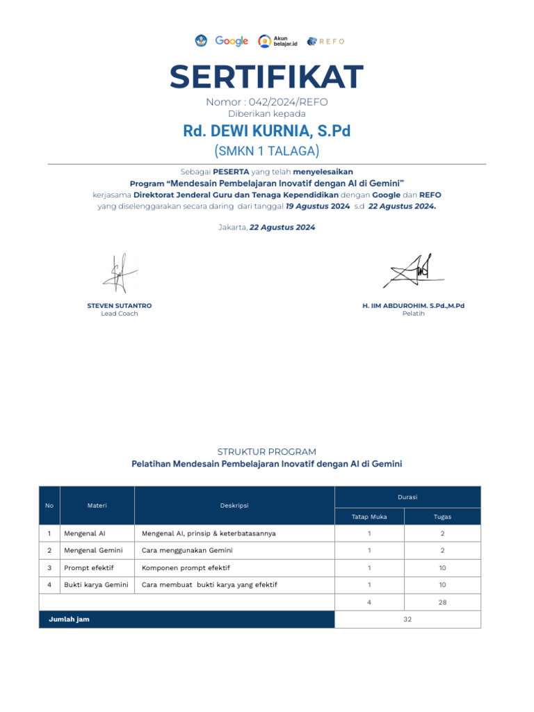 Sertifikat Partisipasi Pelatihan Gemini S.id - RD Dewi K | PDF