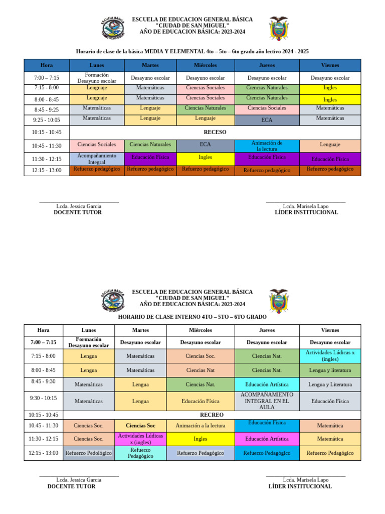 Horario de Clase de La Básica Elementa 3ro y 4to Grado Año Lectivo 2024 | PDF
