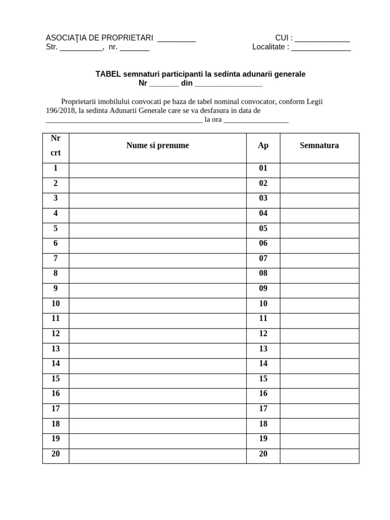 Tabel Semnaturi Adunare Generala - NR 1 Din | PDF