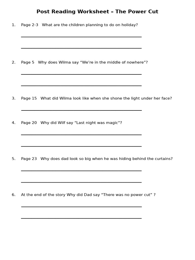 Oxford Reading Tree - Post Reading Worksheet - The Power Cut | PDF