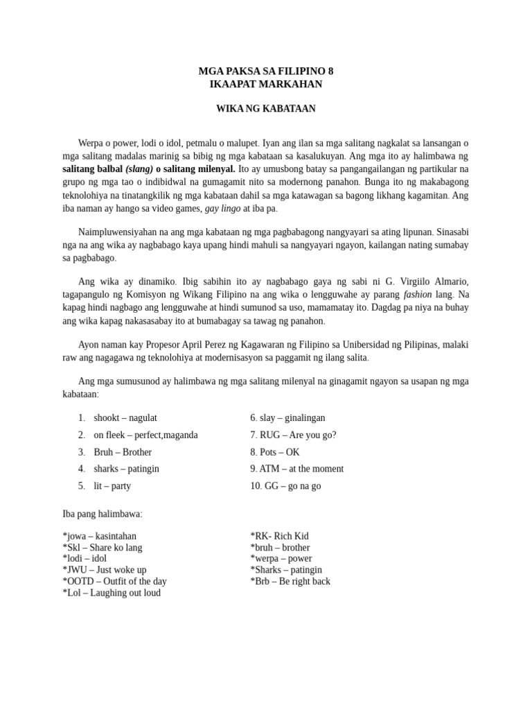 Mga Paksa Sa Filipino 8 4th Quarter | PDF