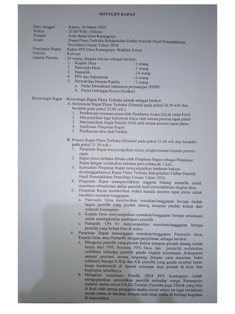 Notulen Rapat Pleno DPHP | PDF