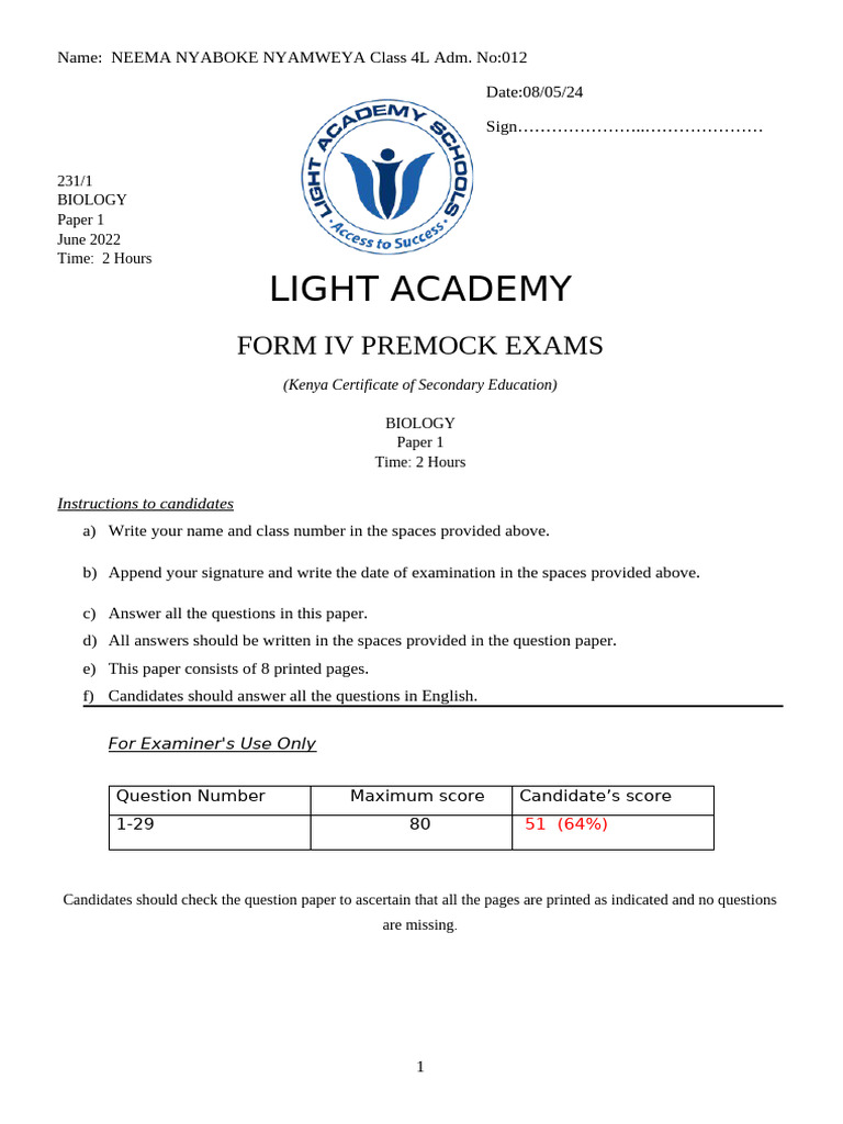 Form 4 Biology pp1 Pre-Mock Exam June 2022 QP | PDF