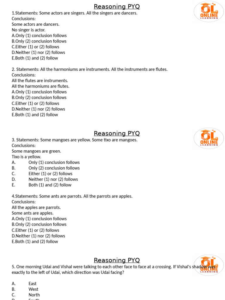 Reasoning Previous Year Questions PART - 1 | PDF