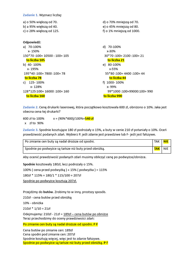 Procenty 3 - O Ile Procent Więcej o Ile Procent Mniej + Odpowiedzi | PDF