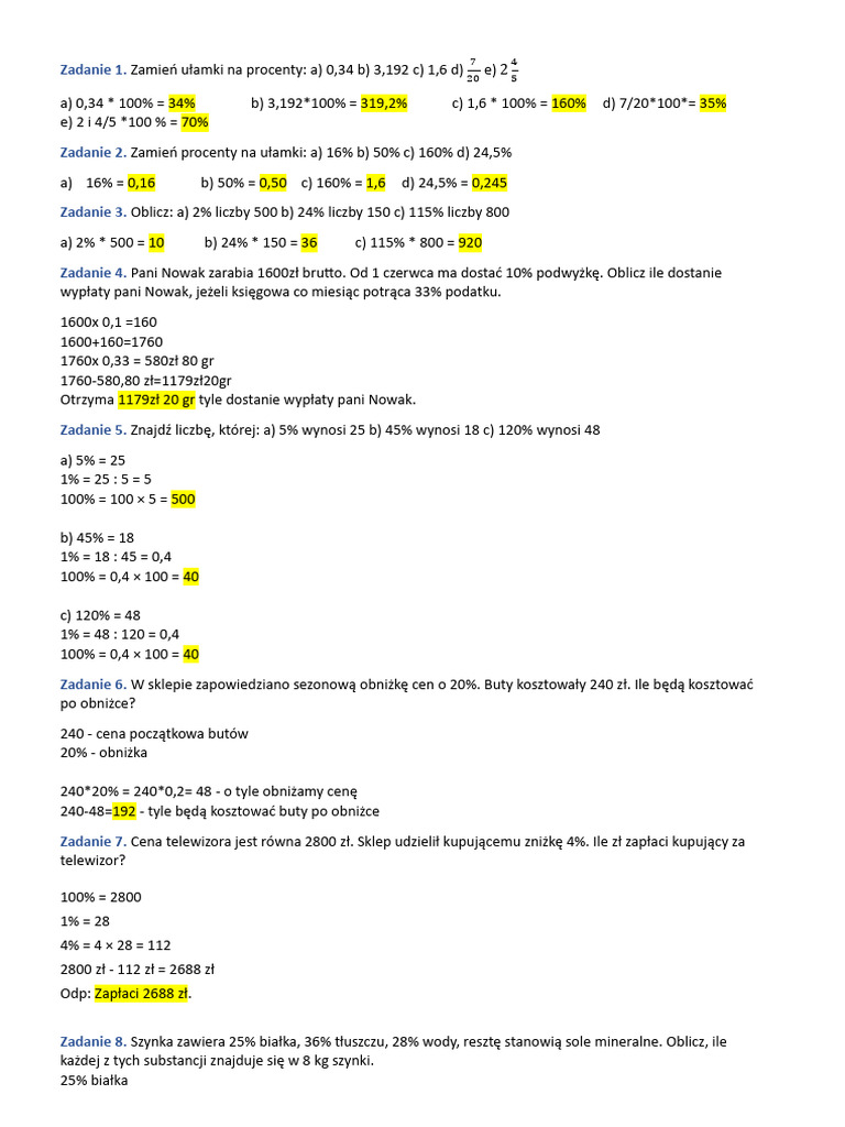Procenty 1 - Zadania Różne + Odpowiedzi | PDF