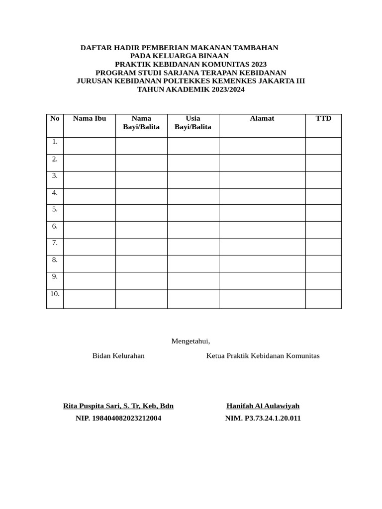 Daftar Hadir Pemberian Makanan Tambahan | PDF