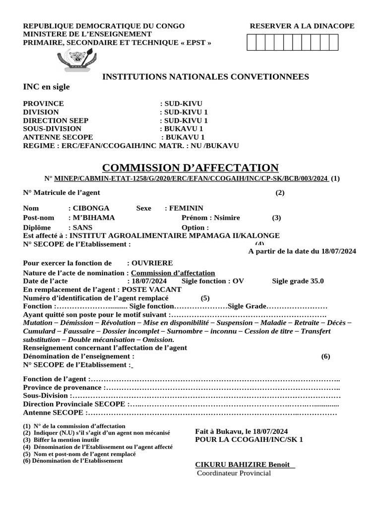 Republique Democratique Du Congo Reserver A La Dinacope | PDF