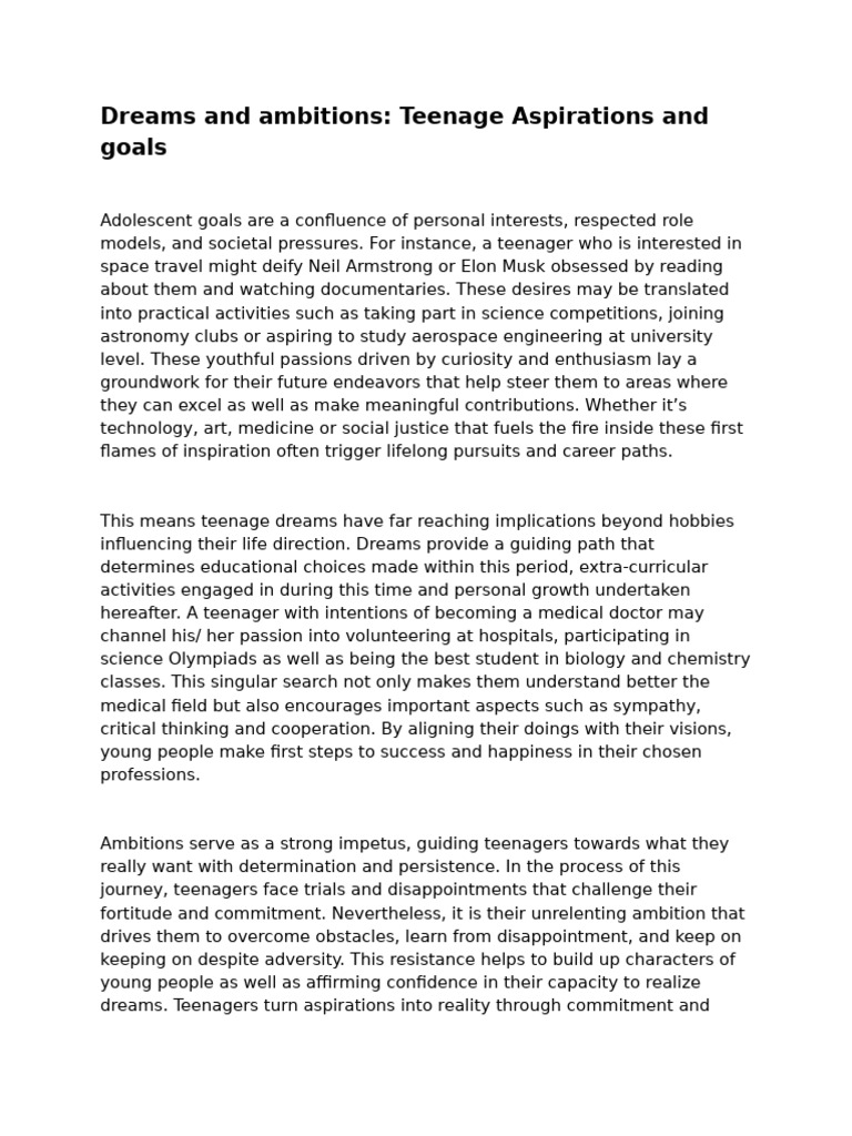 Dreams and Ambitions Teenage Aspirations and Goals | PDF