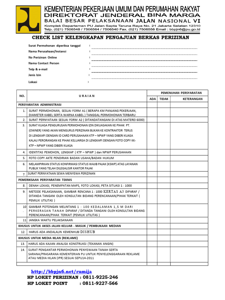 Ceklis Izin Kemenpupr | PDF