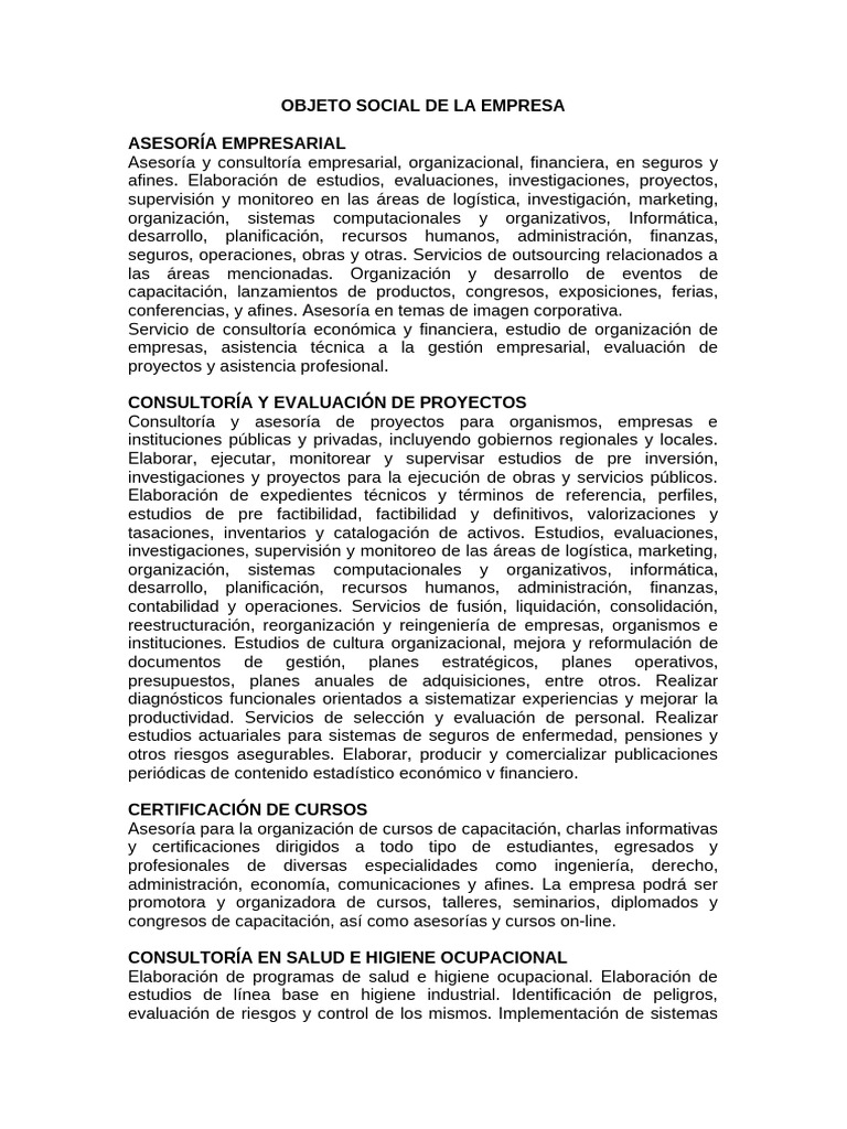 Objeto Social de La Empresa | PDF