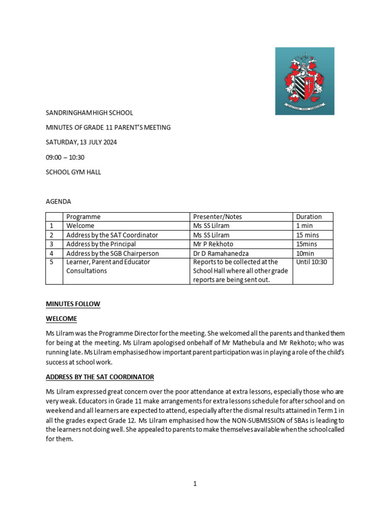 Minutes of Grade 11 Parent's Meeting - 13 July 2024 | PDF