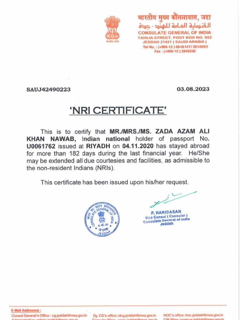 NRI Certificate - Mr. Azam | PDF
