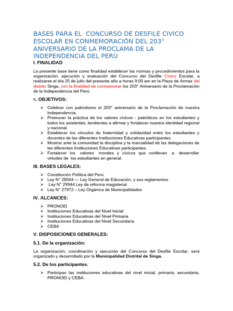 Bases para Desfile Escolar en Fiestas Patrias | PDF