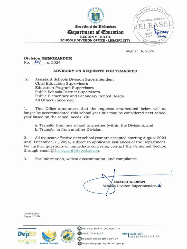 DM No. 554, S. 2024 Advisory On Request For Transfer | PDF