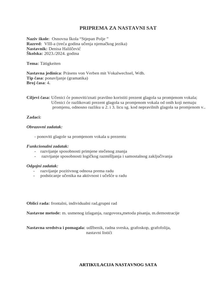 4.. PRIPREMA ZA NASTAVNI SAT - Praesens Von Verben Mit Vokalwechsel, Wdh. | PDF