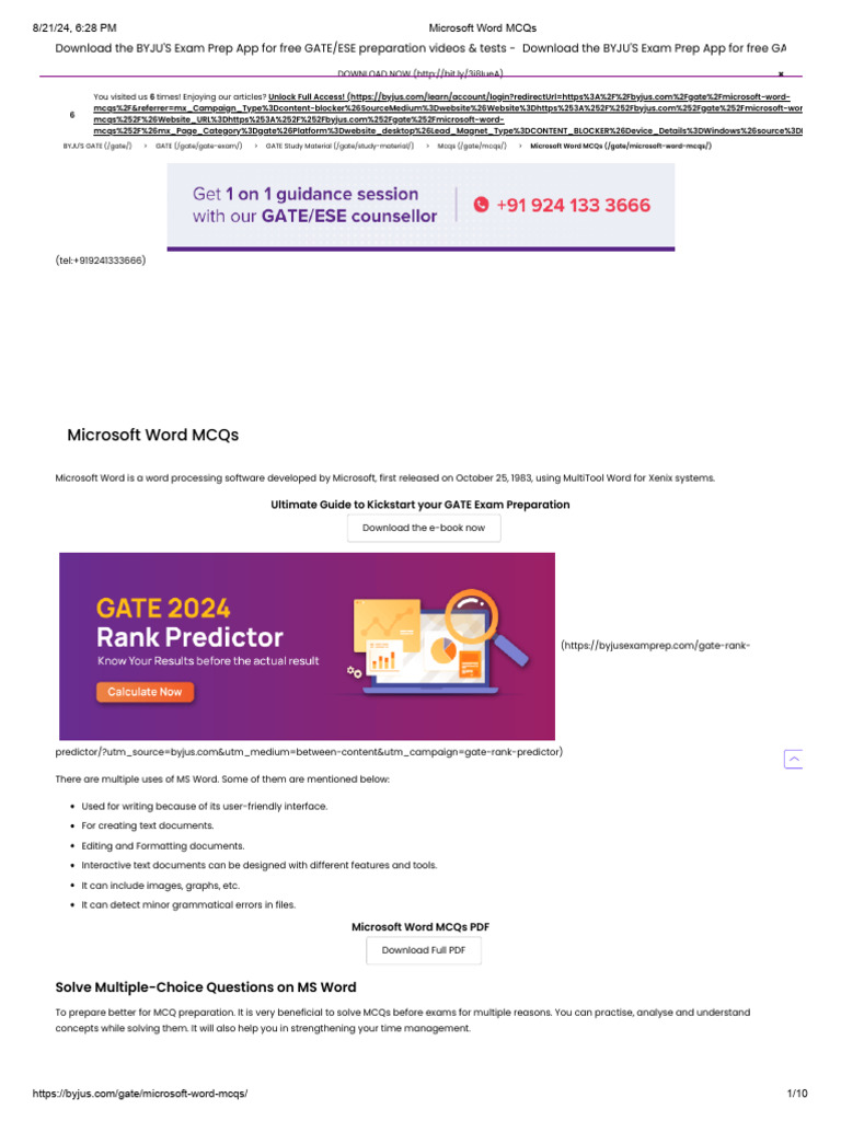 Microsoft Word MCQs | PDF