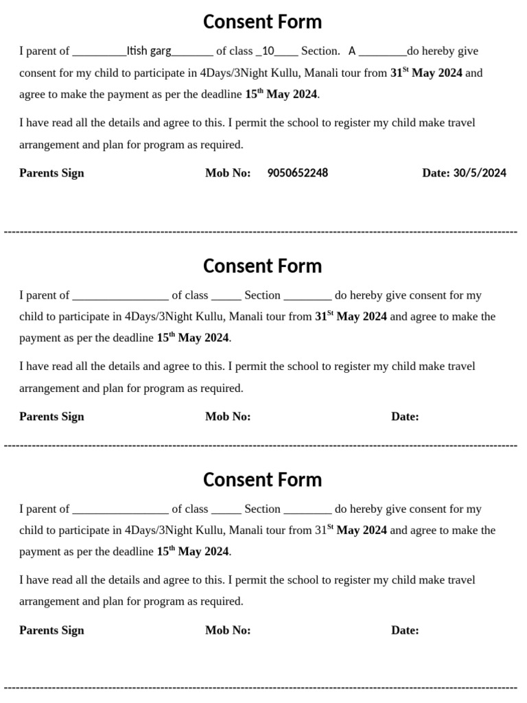 Consent Form for Manali Tour | PDF