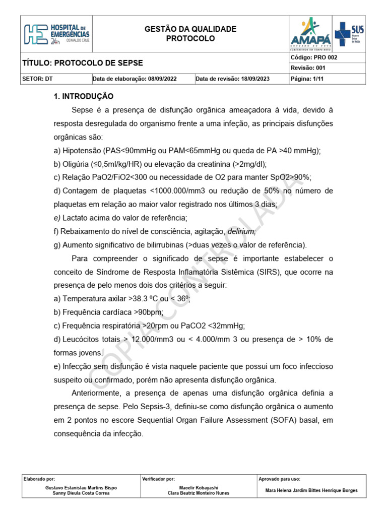 Pro.002 Protocolo de Sepse Rev.001 | PDF