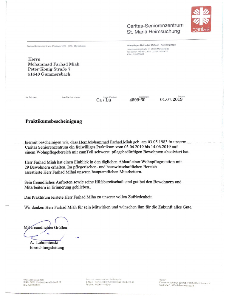 Praktikumsbescheinigung Caritas 2019 | PDF
