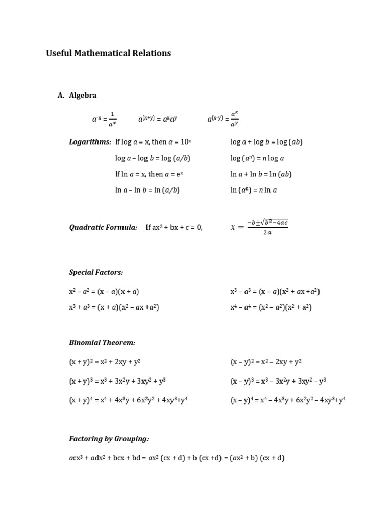 Useful Mathematical Relations | PDF