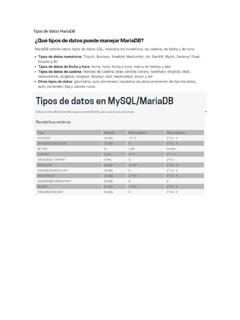 Tipos de datos MariaDB | PDF