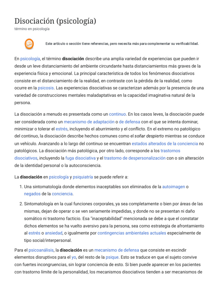 Disociación (Psicología) - Wikipedia, La Enciclopedia Libre | PDF