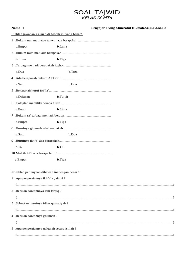 Soal Tajwid MTS | PDF