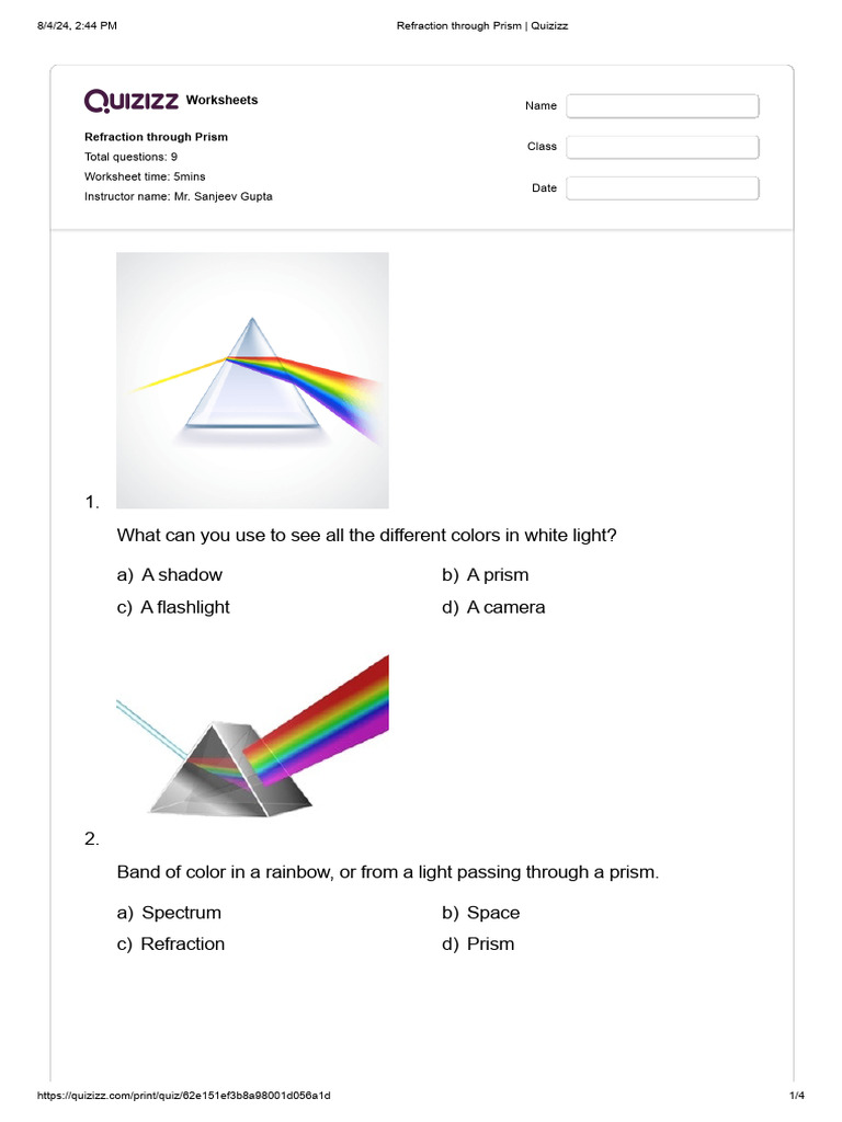 Refraction Through Prism - Quizizz | PDF | Light | Refraction