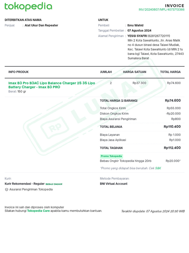 Invoice Charger MIN 2 Sawahlunto | PDF
