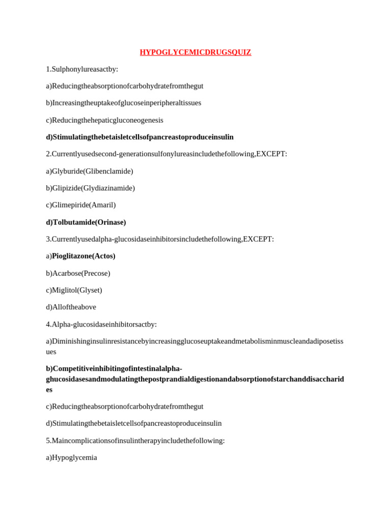 HYPOGLYCEMIC DRUGS QUIZ A | PDF