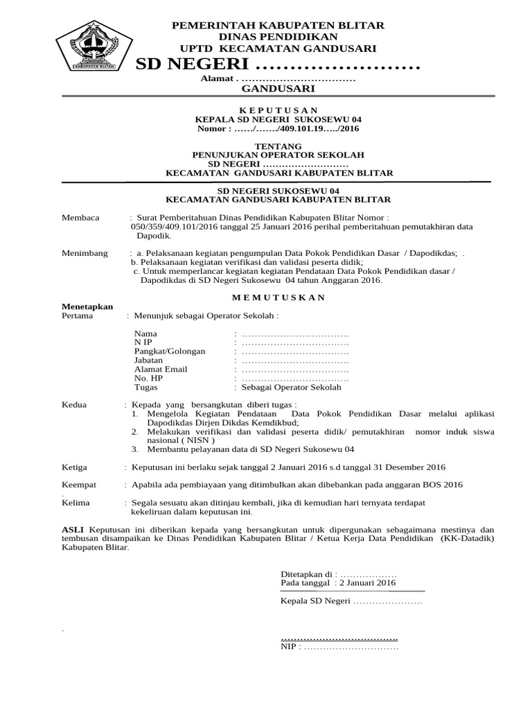 Contoh SK Penunjukan Operator Sekolah | PDF