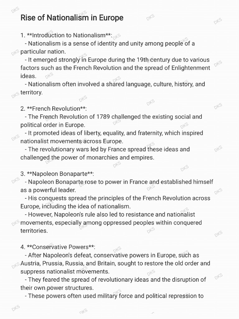 Rise of Nationalism in Europe Notes - DKS | PDF