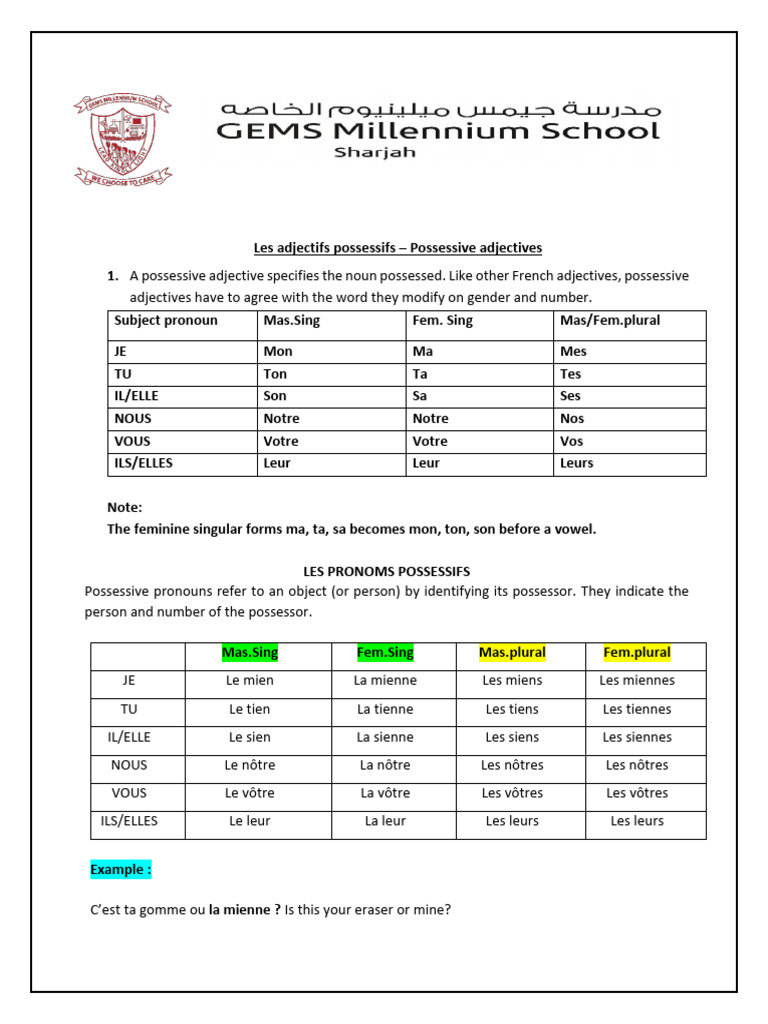 Les Adjectifs Et Les Pronoms Possessifs | PDF