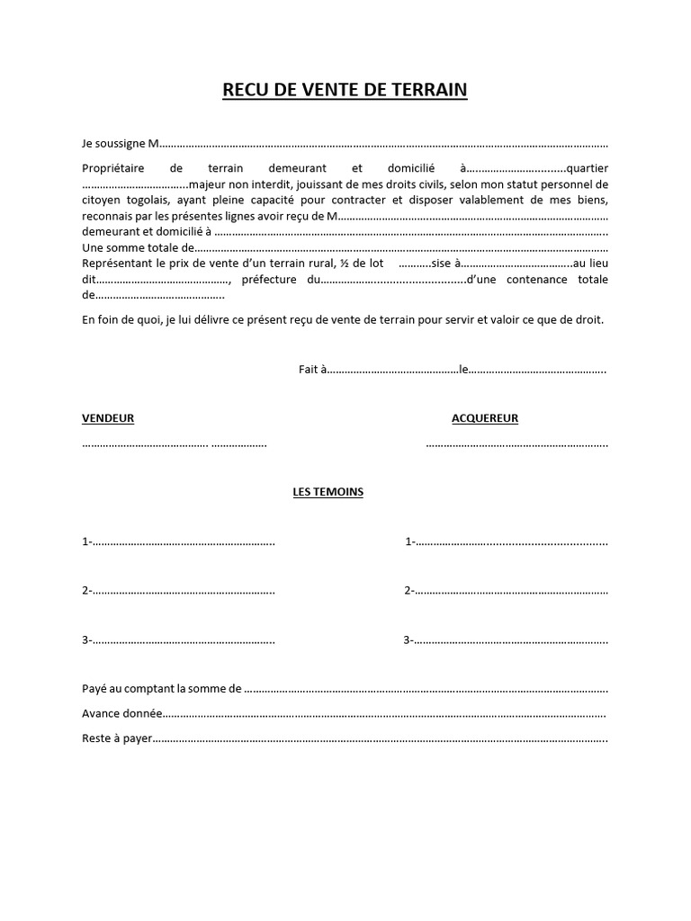 Recu de Vente de Terrain | PDF