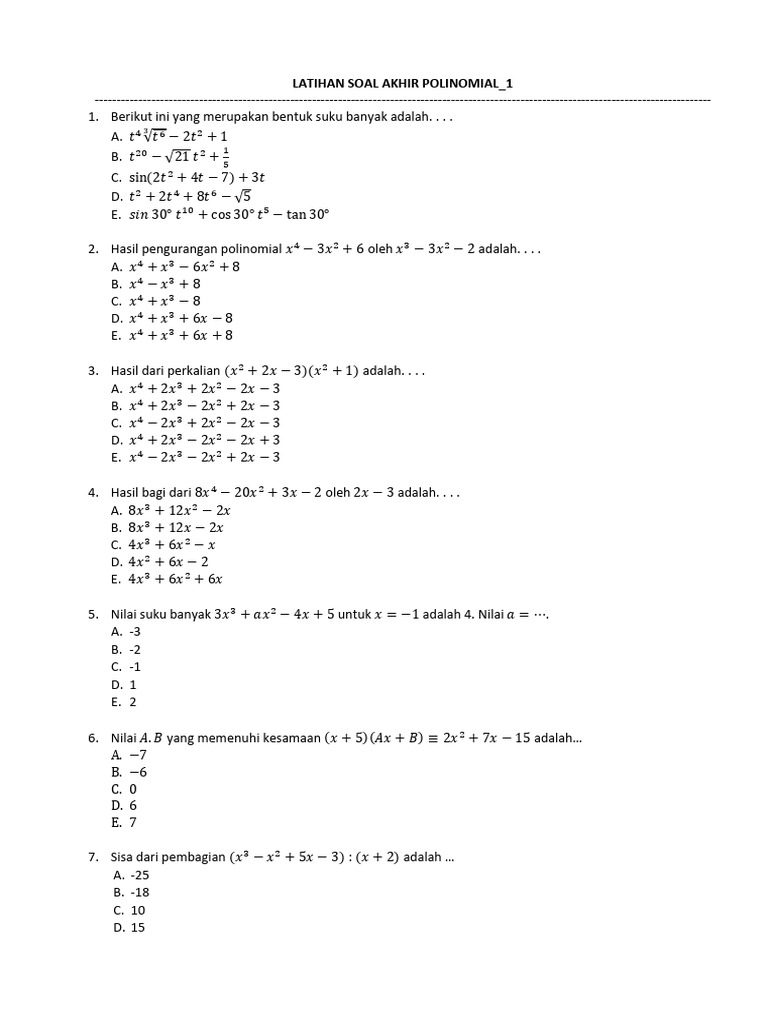 Latihan Akhit - Polinomial 1 | PDF