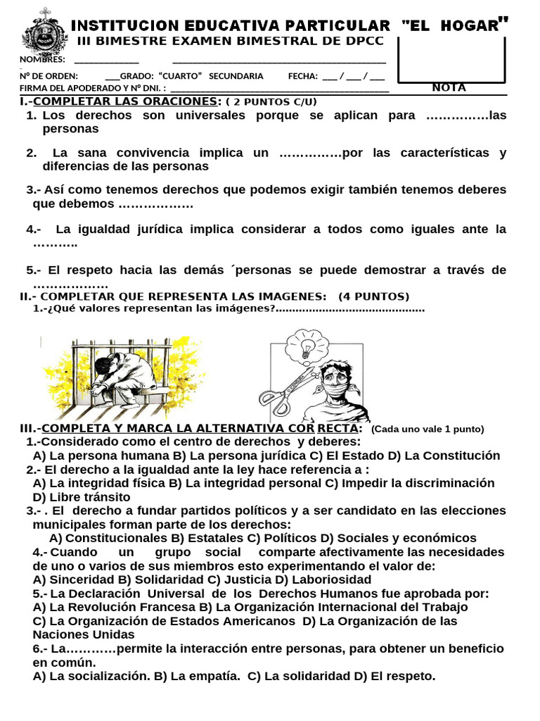 Modelo de Examen DPCC 4 Sec Bimestral | PDF
