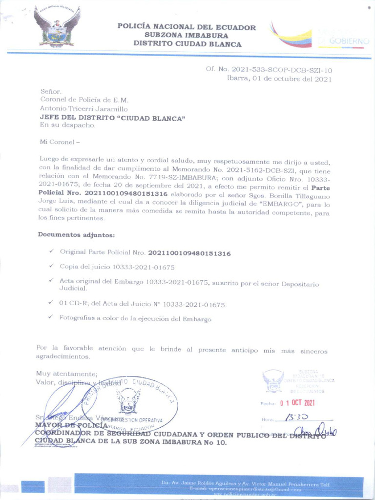 Oficio, Parte Policial y Acta Del Depositario | PDF