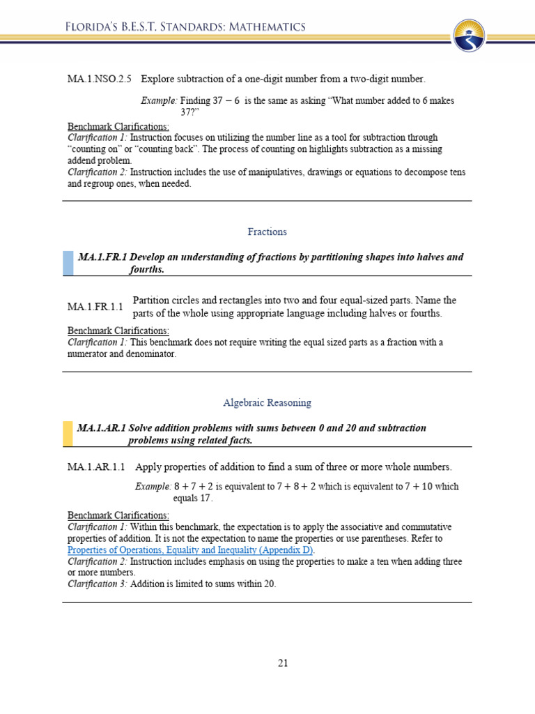 Florida's B.E.S.T. Standards Mathematics | PDF
