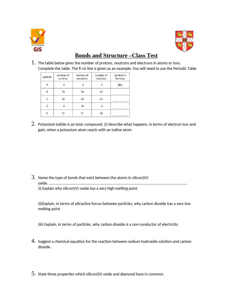 Bonds and Structure - Class Test | PDF