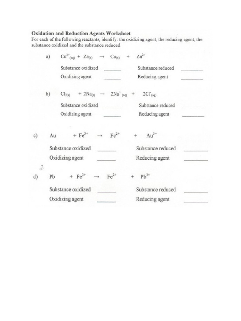Oxidizing and Reducing Agent Worksheet | PDF
