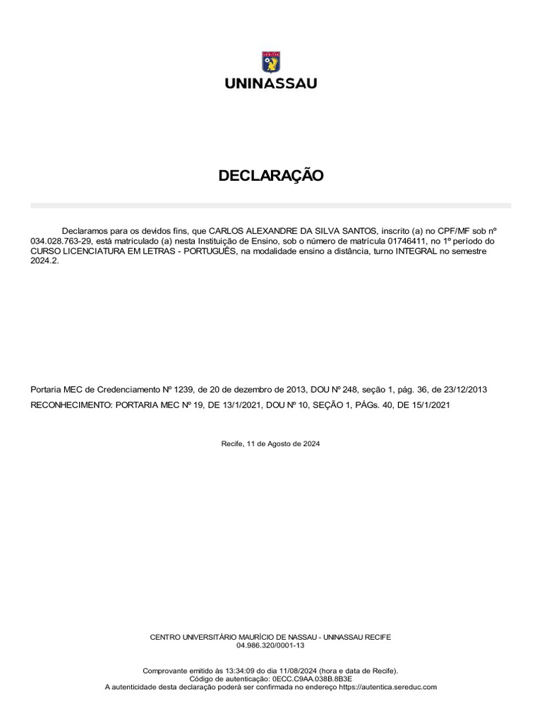 DeclaracaoVinculo 133410 RA01746411 | PDF