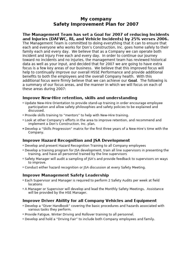 Safety Improvement Plan Example | PDF