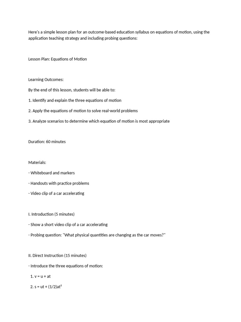 Equation of Motion Lesson Plan | PDF | Teaching Methods & Materials