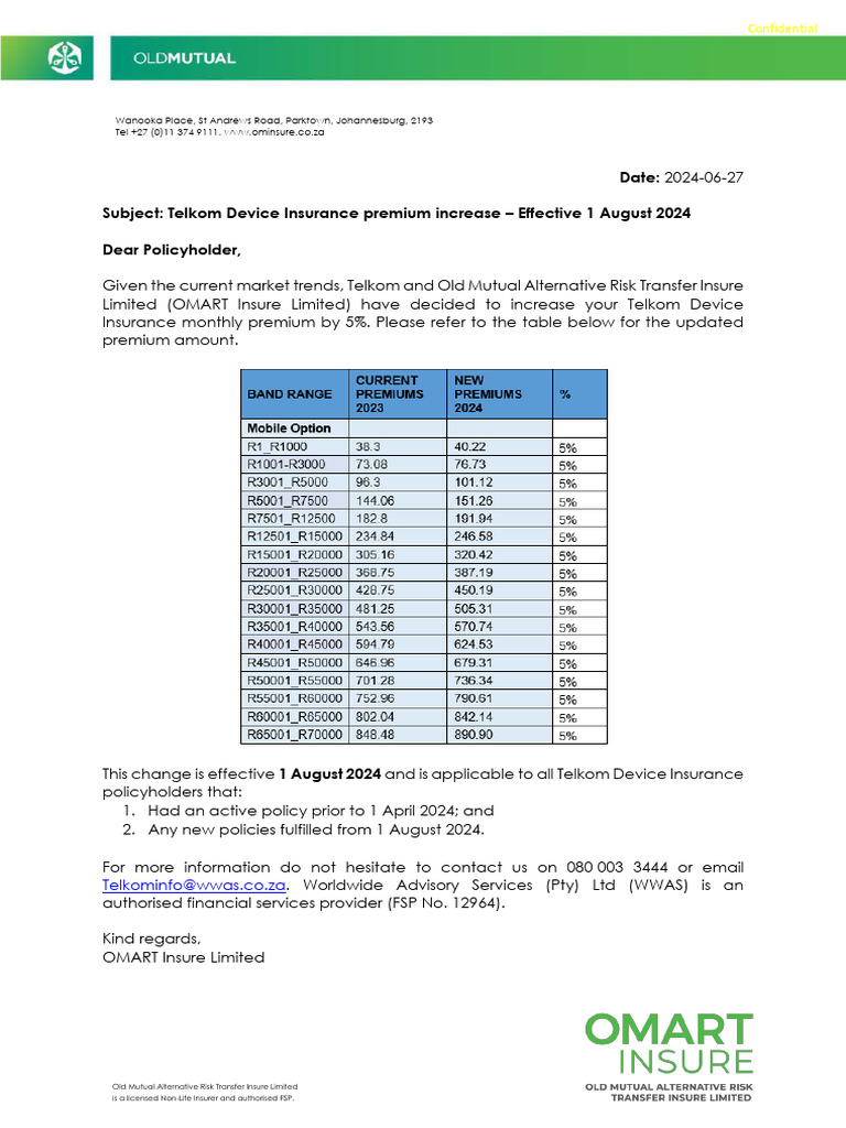 Telkom Device Insurance Premium Increase Effective 1 August 2024 | PDF