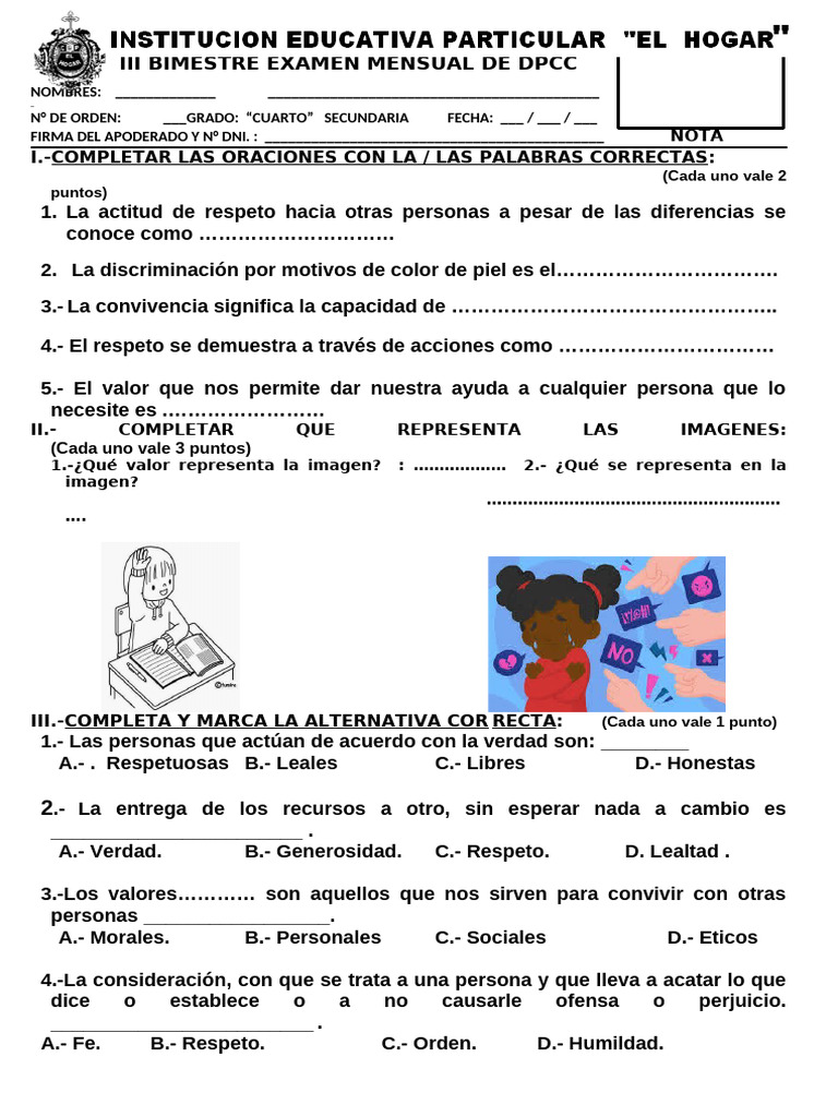 Modelo de Examen DPCC 4 Sec | PDF