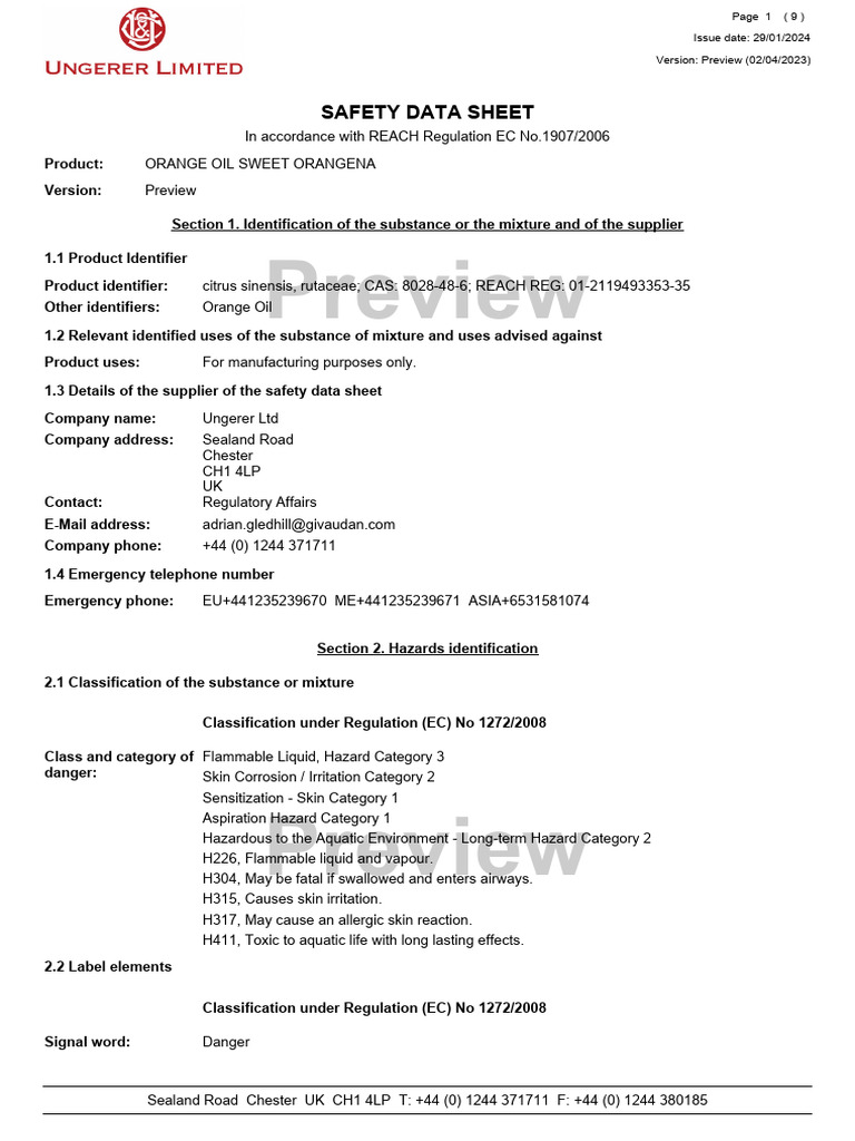 CLP Safety Data Sheet - Orangena | PDF | Toxicity | Safety