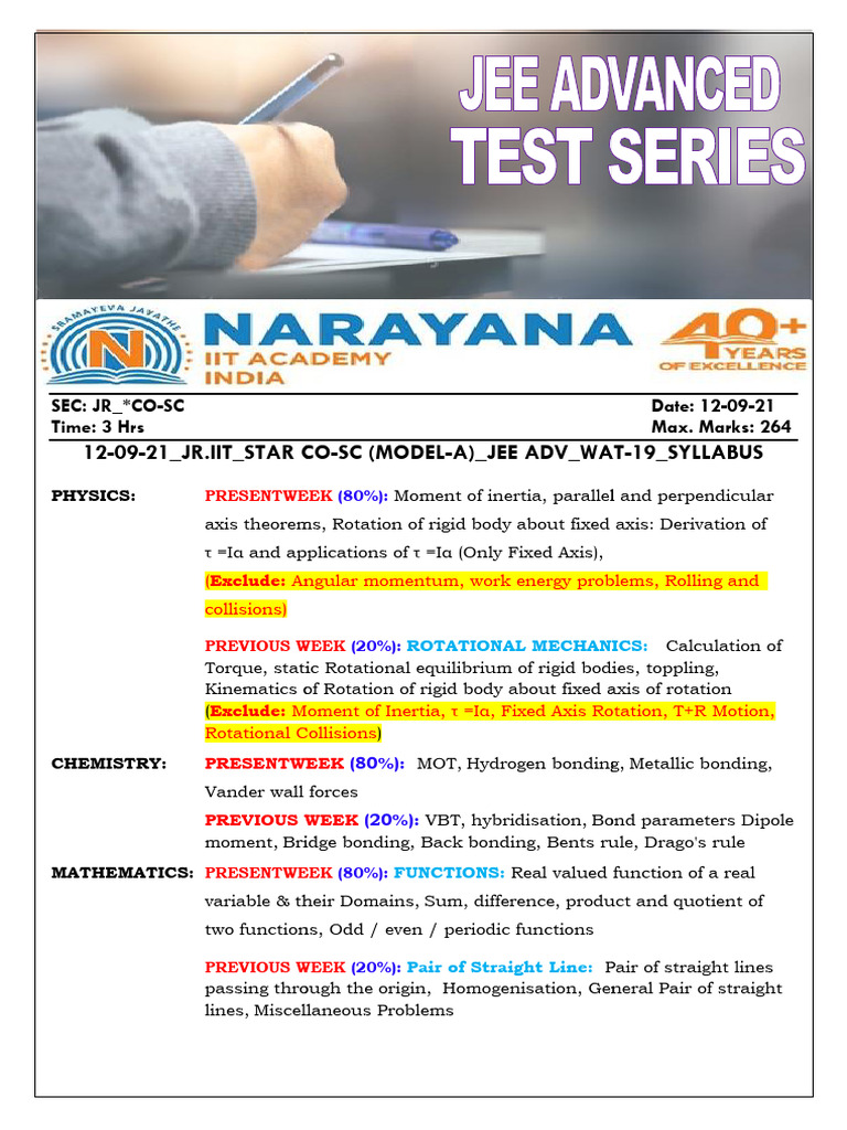12-09-21 JR - Iit Star Co-Sc (Model-A) Jee Adv 2015 (P-I) Wat-19 QP | PDF | Rotation Around A ...