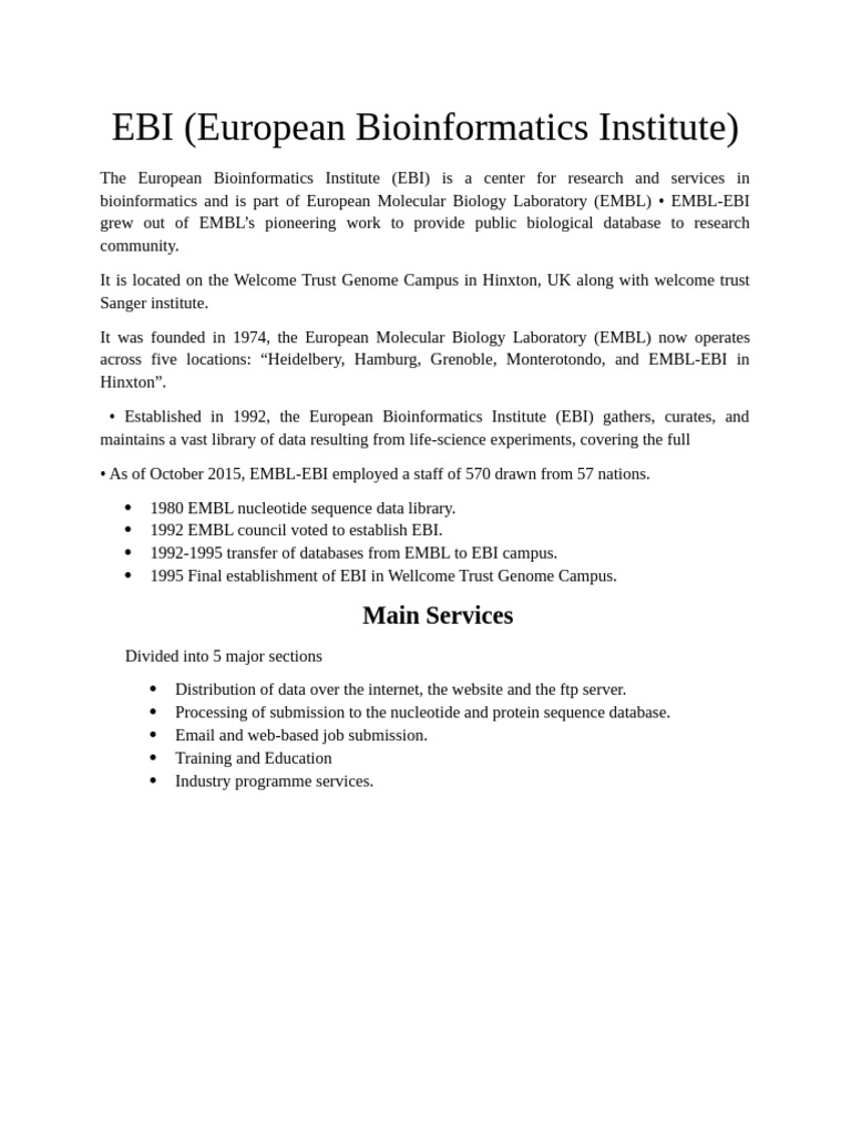 EBI (European Bioinformatics Institute) : Main Services | PDF