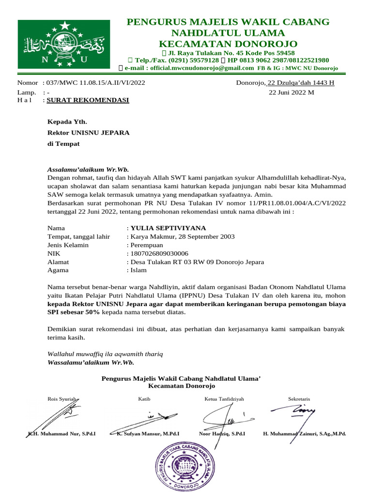 037 Surat Rekomendasi MWC NU | PDF